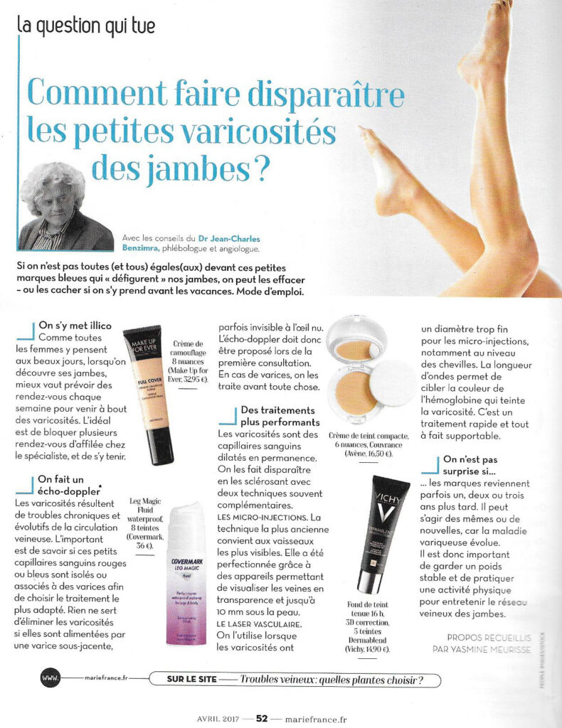 Parution dans Marie France : Comment effacer les varicosités - Covermark